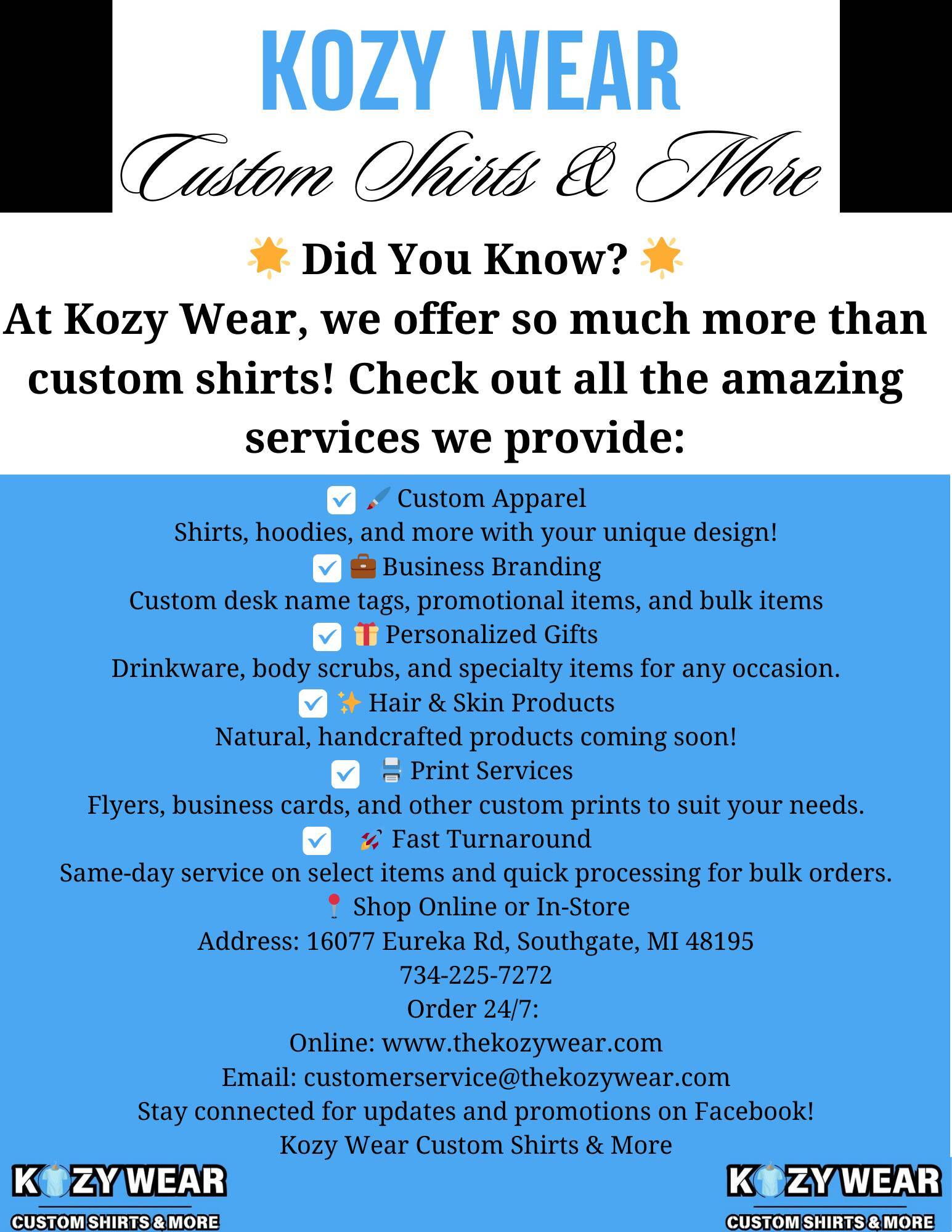 Kozy Wear Fashion Store & Custom Items